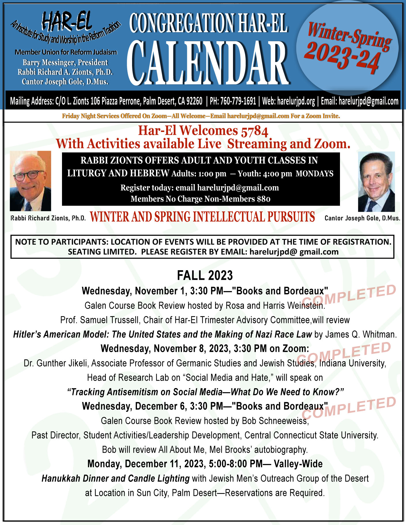 Monthly Calendar - HAR-EL, MEMBER UNION FOR REFORM JUDAISM, THE MODERN ...