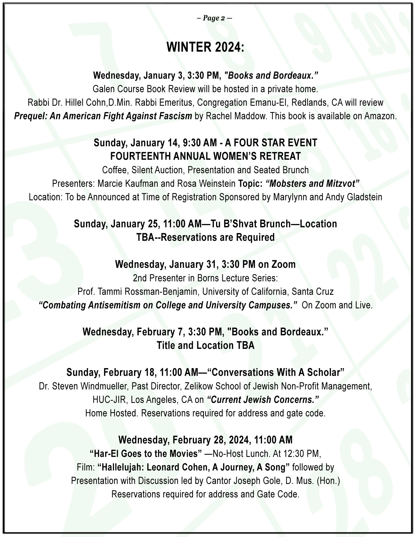 Monthly Calendar - HAR-EL, MEMBER UNION FOR REFORM JUDAISM, THE MODERN ...